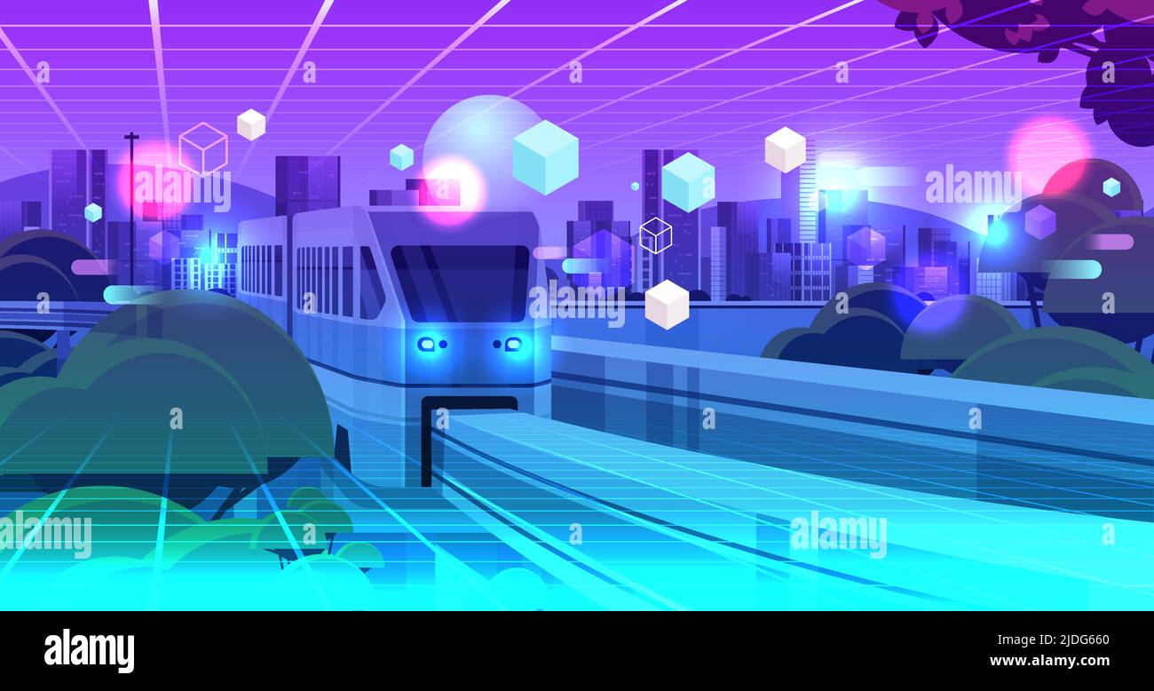 neon town with skyscrapers and monorail train on bridge view through VR ...