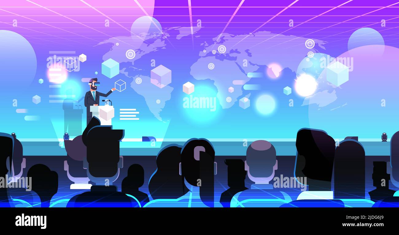 businessman wearing digital glasses giving speech at tribune during ...