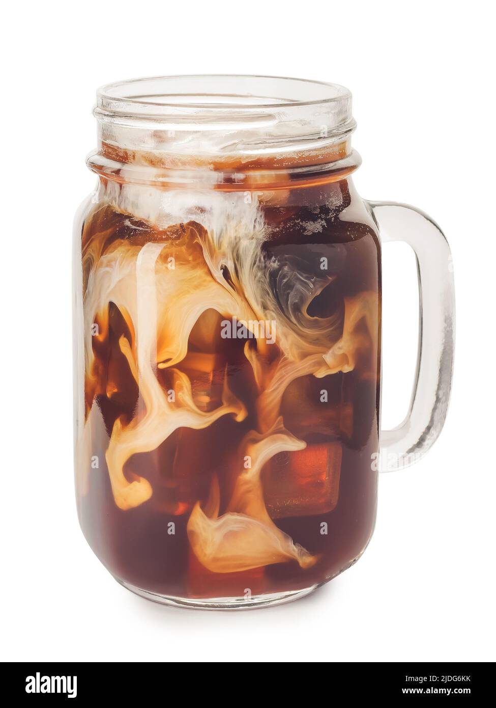Mason jar with cold brew coffee and milk on white background Stock ...