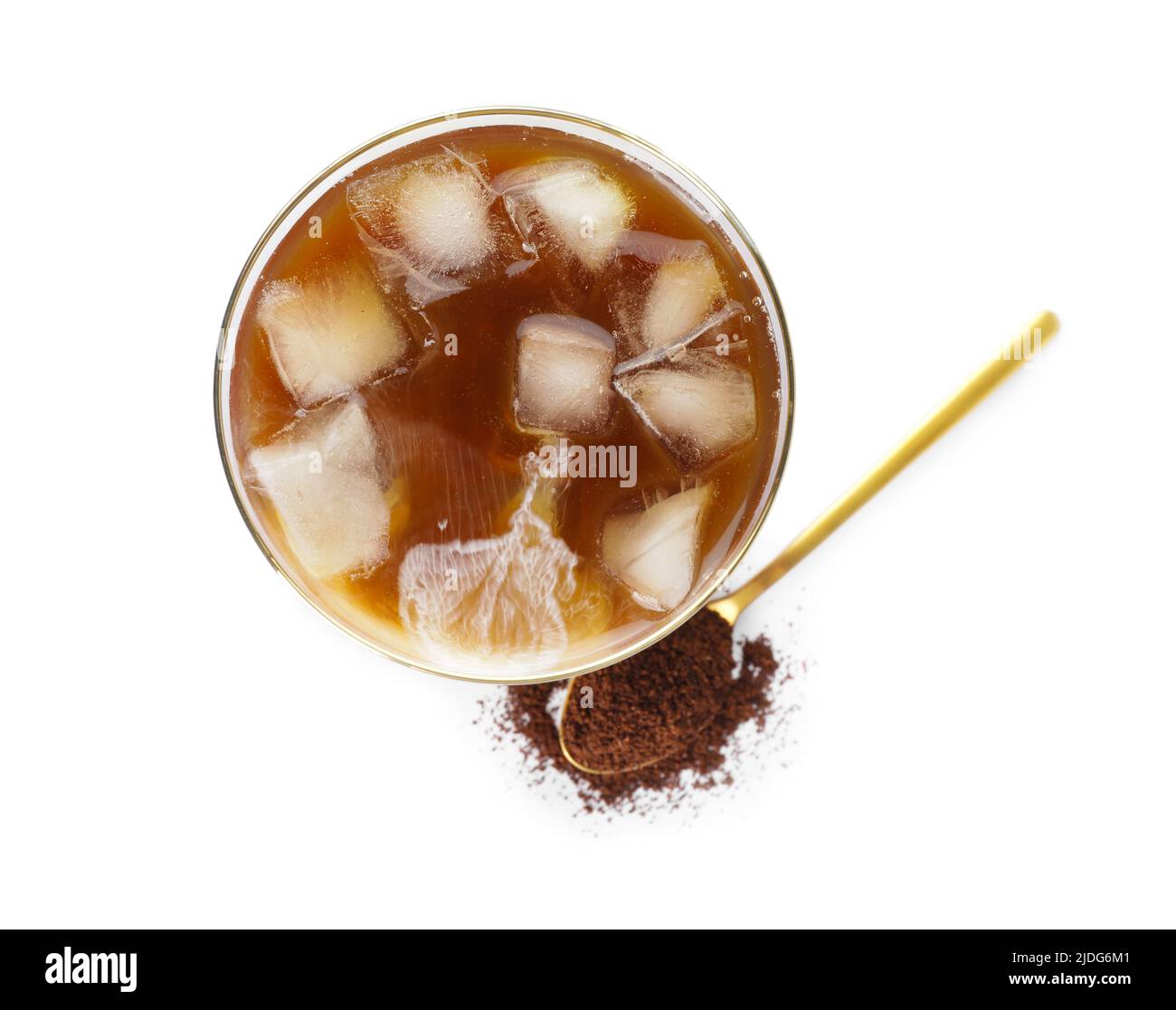 Glass of cold brew coffee with milk and spoon on white background Stock ...