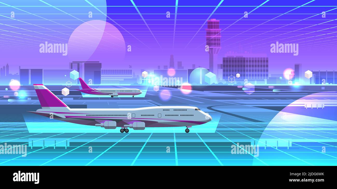 airport terminal with aircraft flying plane taking off neon view ...