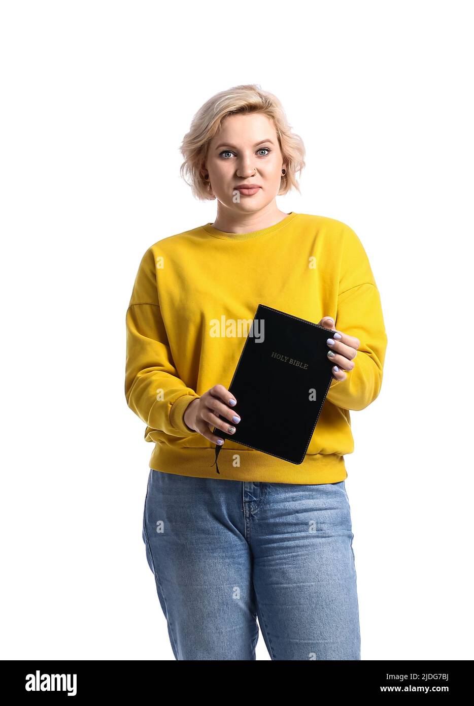 Beautiful blonde woman with Holy Bible on white background Stock Photo ...