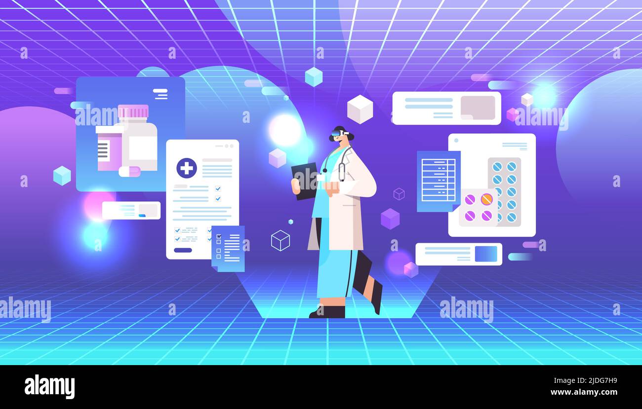 doctor in uniform wearing digital glasses vr vision headset innovation ...