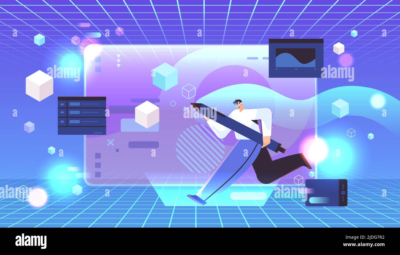 designer in digital glasses drawing in graphic editor creating website ...