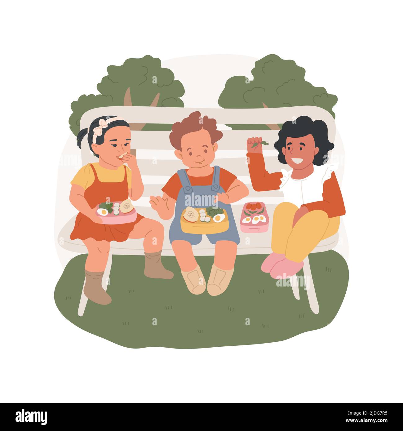 Meal boxes isolated cartoon vector illustration. Kids sitting together ...