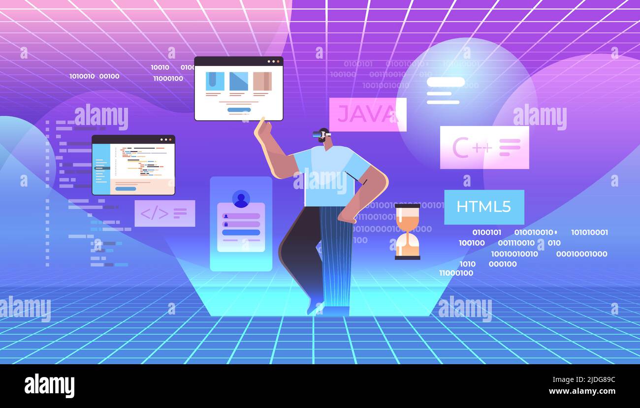 web developer in digital glasses creating program code vr vision ...