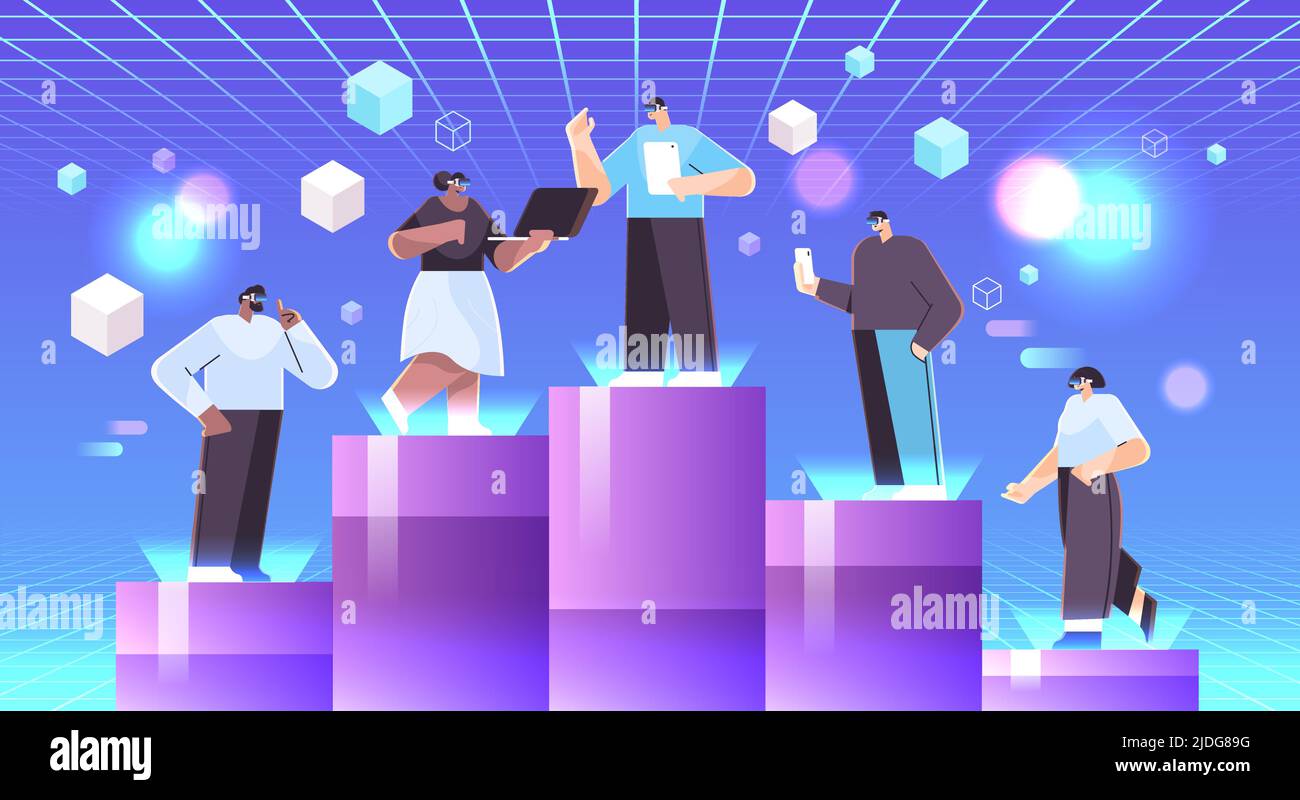 businesspeople in vr glasses standing on graph columns virtual reality ...