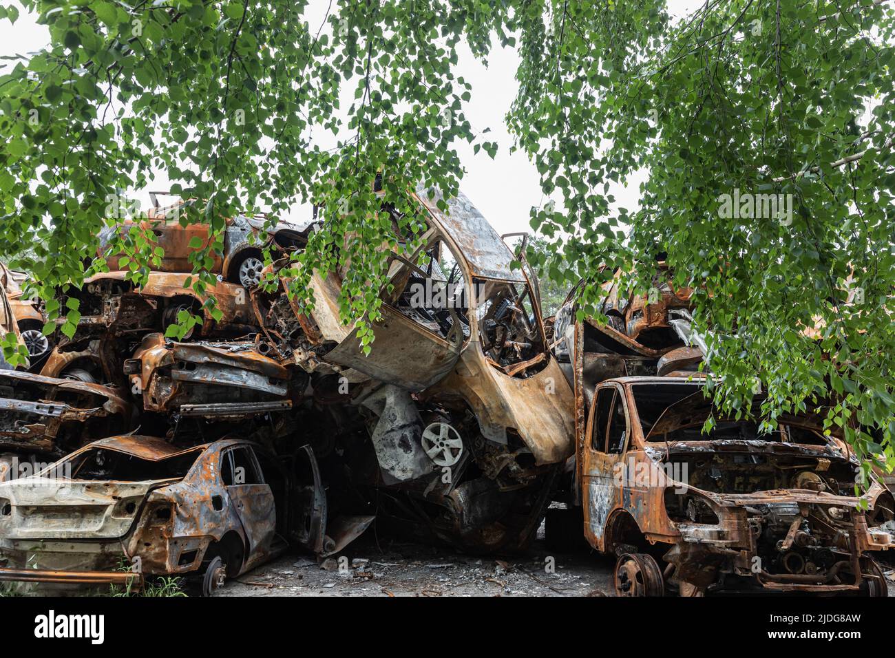 Cars destroyed amid Russia's attack on Ukraine are seen, after they ...