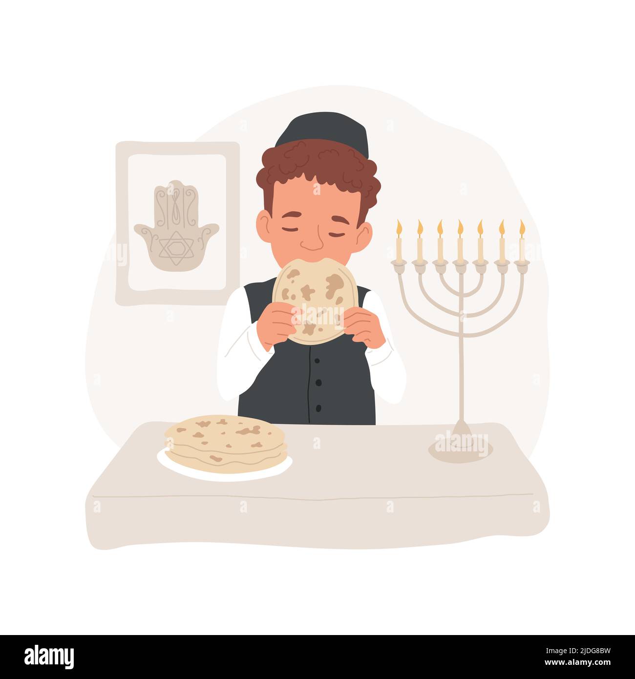 Pesach isolated cartoon vector illustration. Little boy eating matza ...