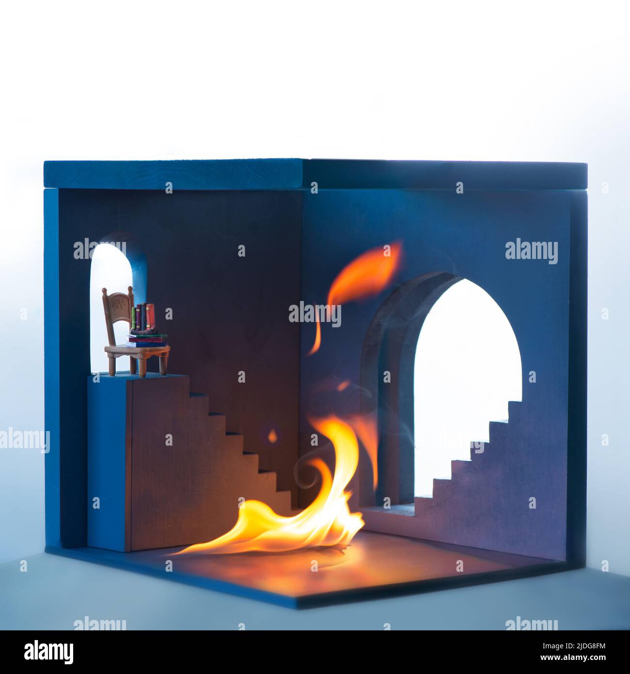 Fire in a room with steps and a chair, anxiety concept. This IsFine ...