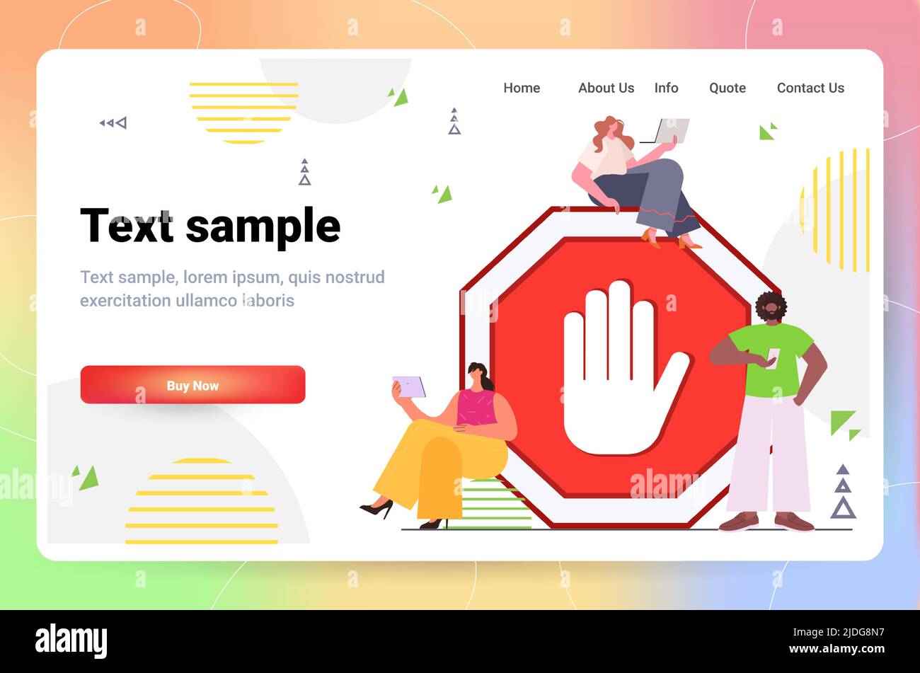 businesspeople working near big red forbidding sign with human hand ...