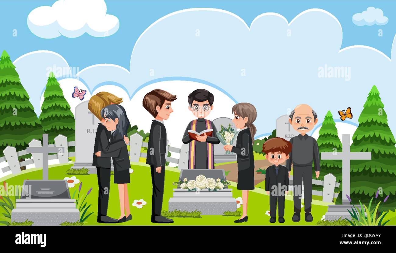 Sad people at christian funeral ceremony illustration Stock Vector ...