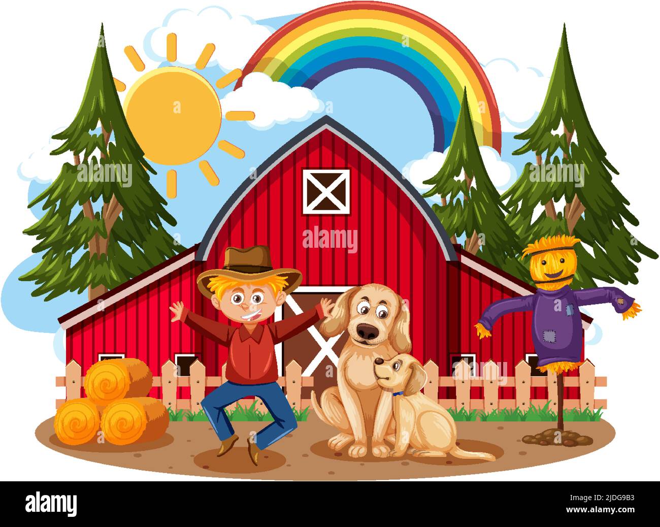 Farm barn with tree and rainbow illustration Stock Vector Image & Art ...