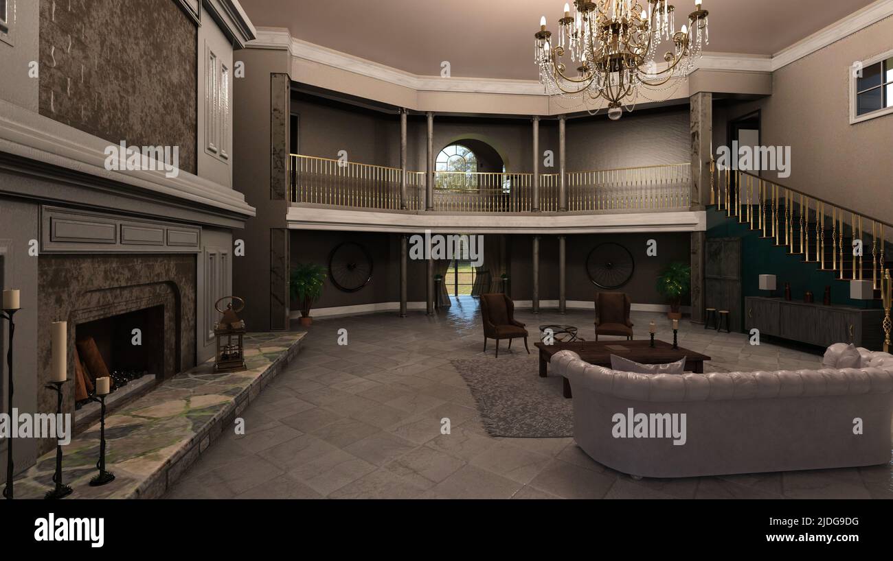 3D illustration great hall big foyer with fireplace and piano Stock ...