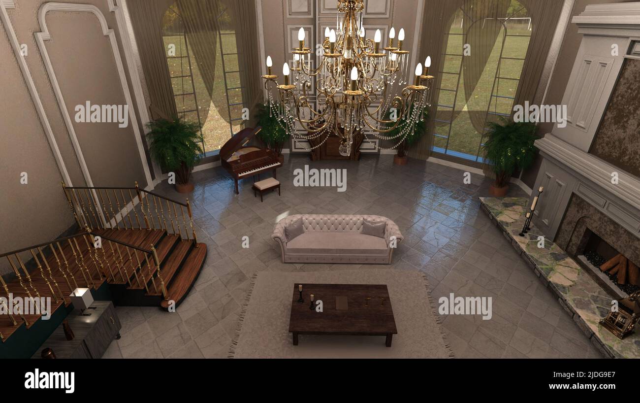 3D illustration great hall big foyer with fireplace and piano Stock ...