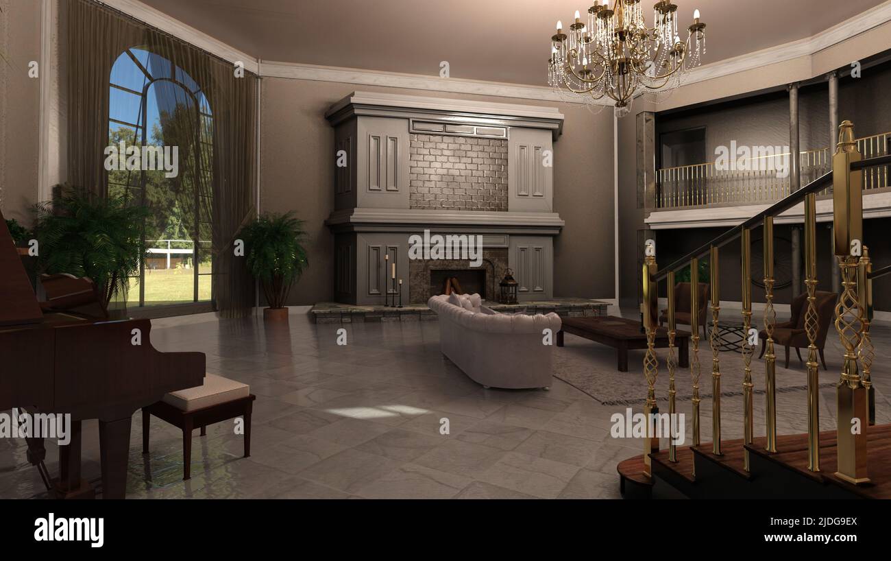 3D illustration great hall big foyer with fireplace and piano Stock ...
