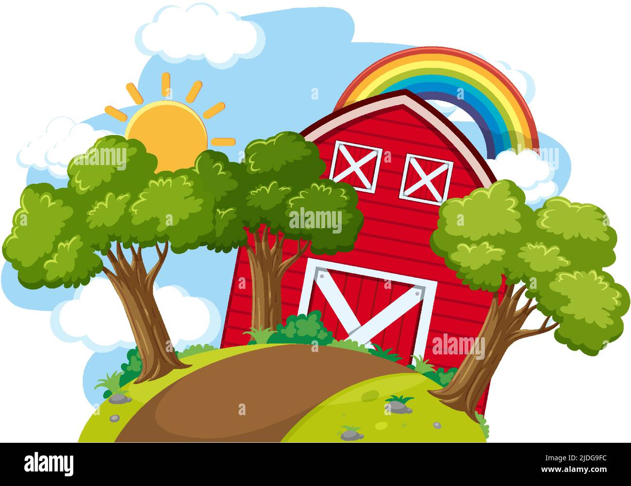 Farm barn with tree and rainbow illustration Stock Vector Image & Art ...