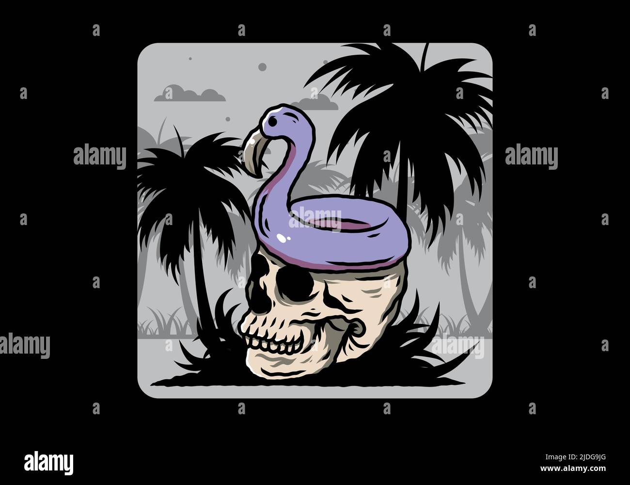 Illustration design of a Flamingo lifebuoy is on top of the skull Stock ...