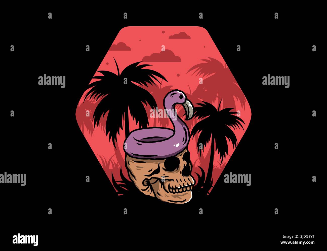 Illustration design of a Flamingo lifebuoy is on top of the skull Stock ...