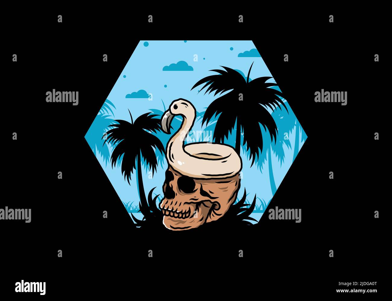 Illustration design of a Flamingo lifebuoy is on top of the skull Stock ...