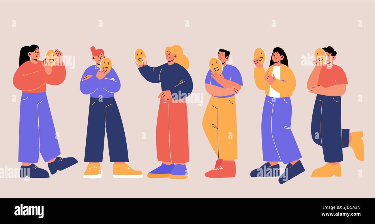 Sad male and female characters hiding faces behind of smiling masks ...