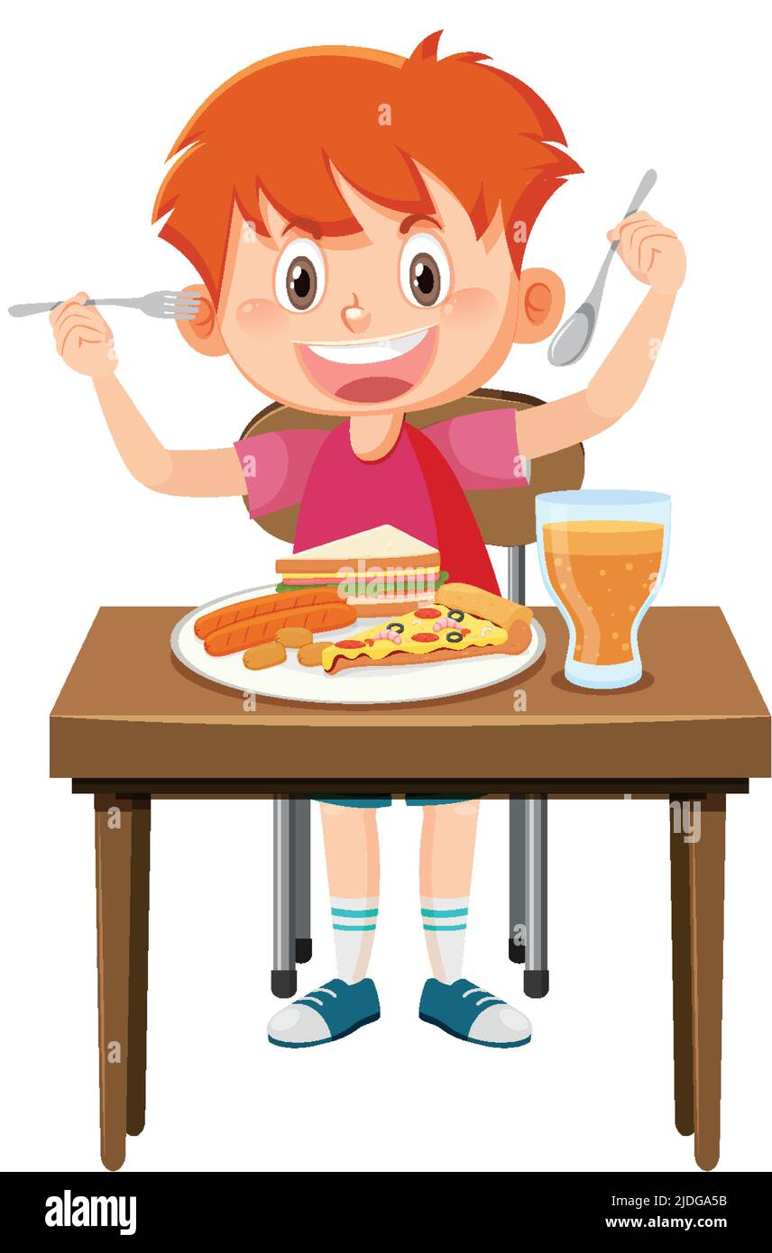 Happy boy enjoy eating food on table illustration Stock Vector Image ...