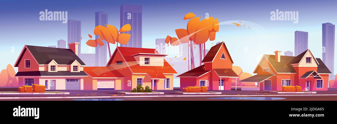 Street in suburb district with residential houses and city on skyline ...