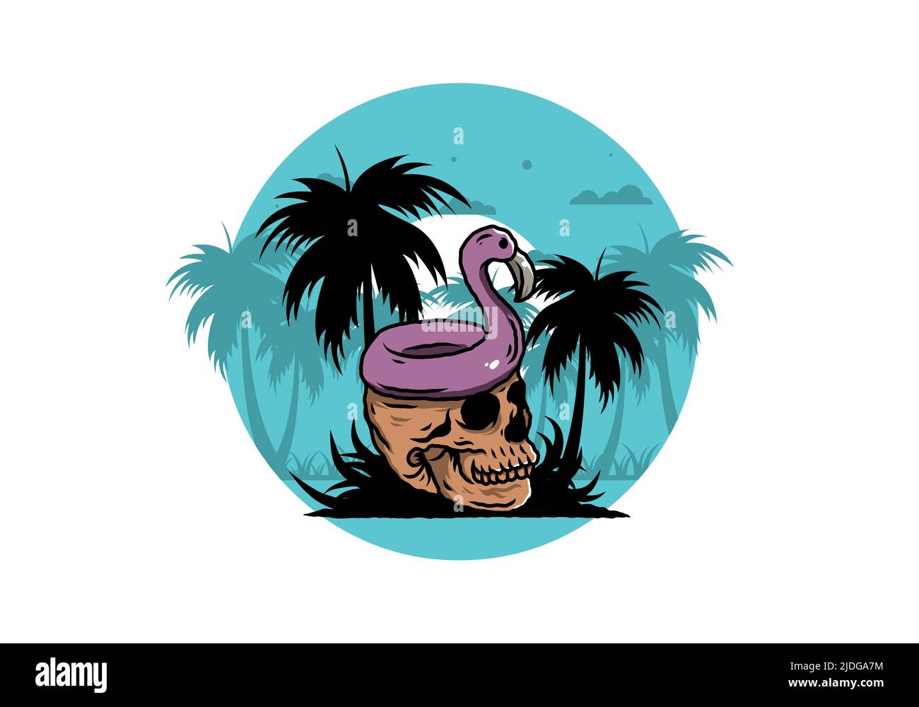 Illustration design of a Flamingo lifebuoy is on top of the skull Stock ...