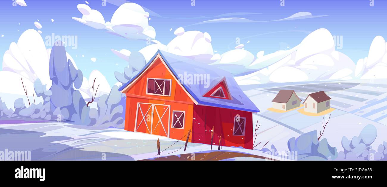 Winter countryside landscape with farm barn, agriculture field and ...