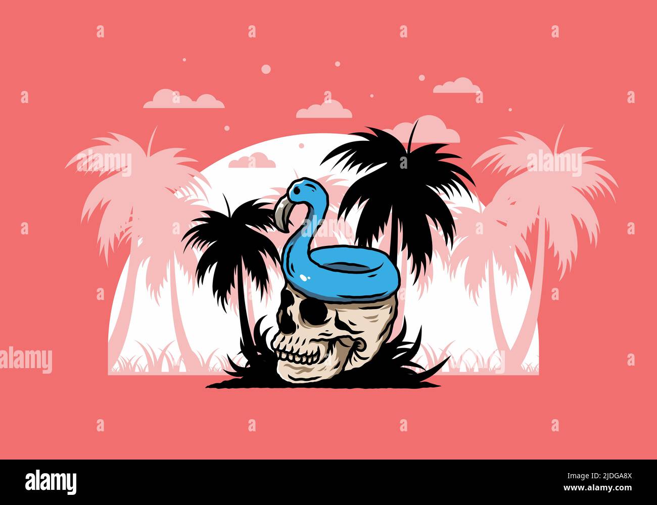 Illustration design of a Flamingo lifebuoy is on top of the skull Stock ...