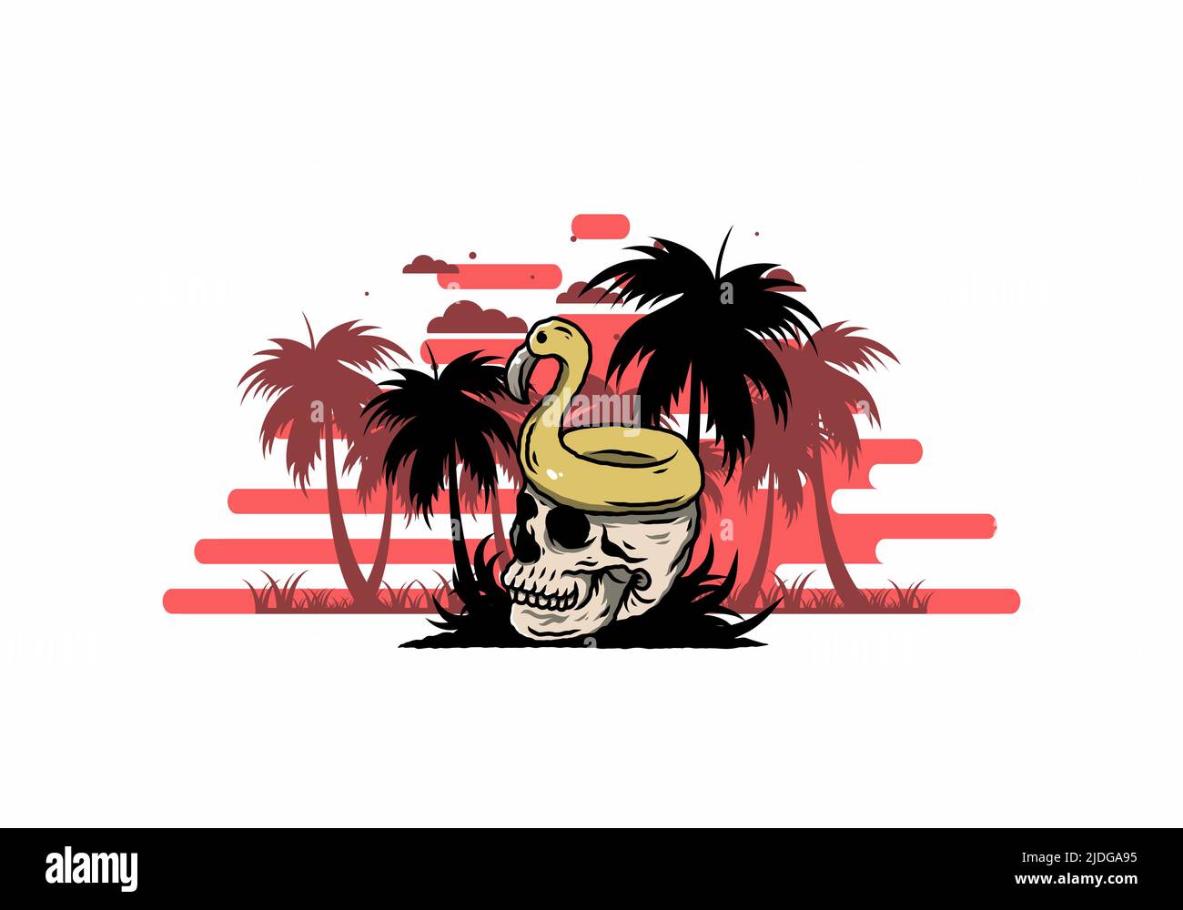 Illustration design of a Flamingo lifebuoy is on top of the skull Stock ...