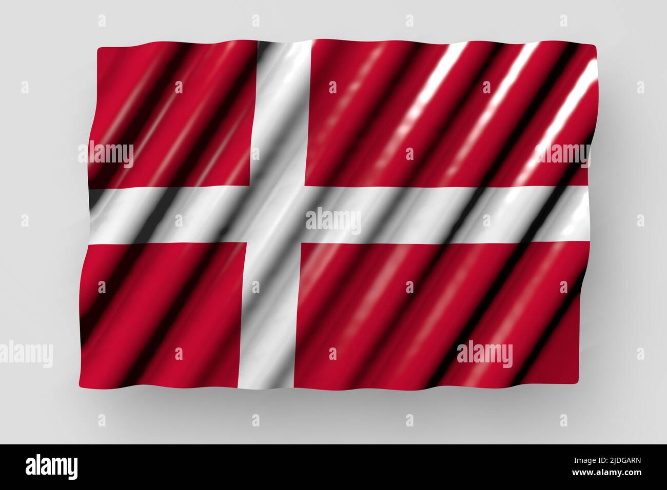 cute shiny flag of Denmark with big folds lay isolated on grey - any ...