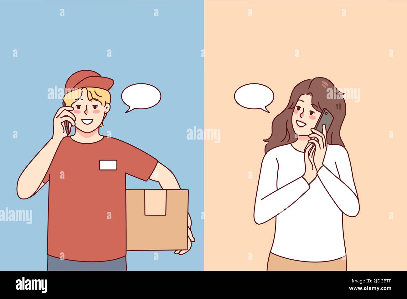 Female client talking on phone with deliveryman. Woman speaking on ...