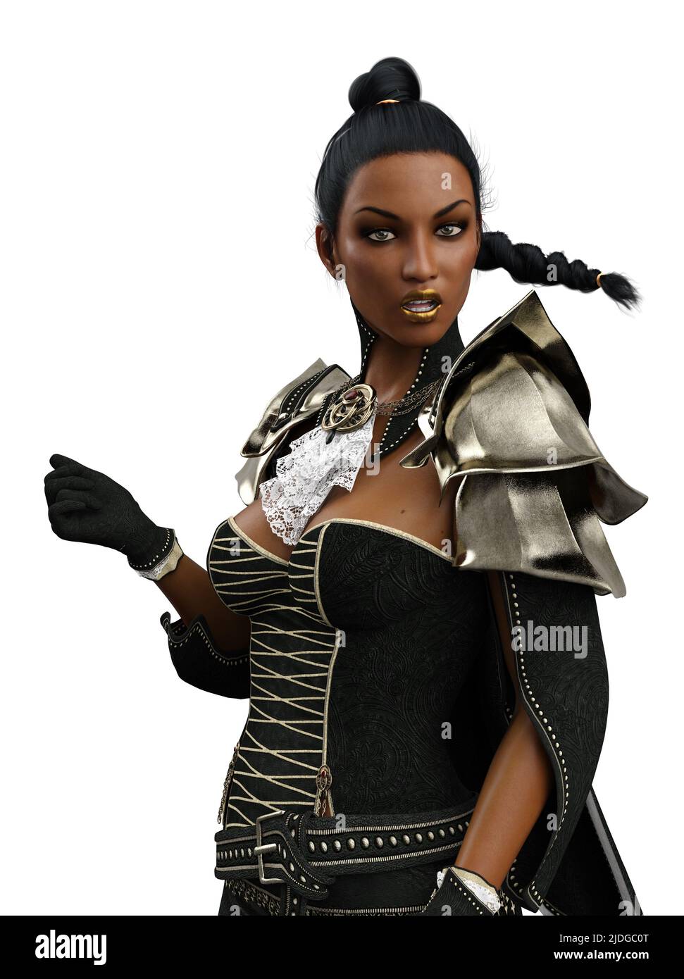 Warrior woman with braided hair wear black gold outfit with armor, 3D ...