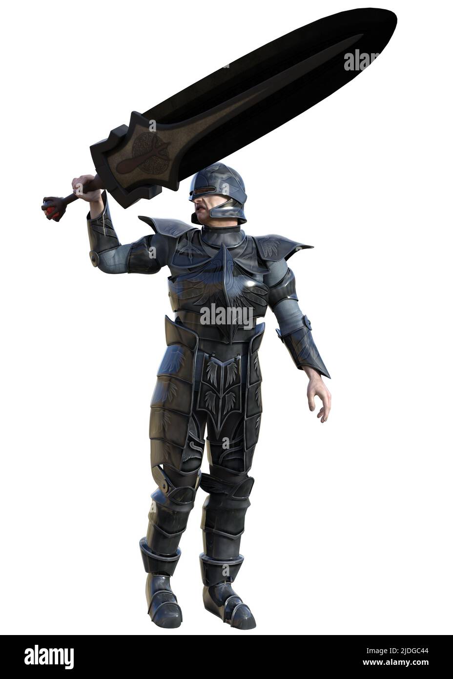 Medieval knight wear metal armor holding huge sword, 3D Illustration ...