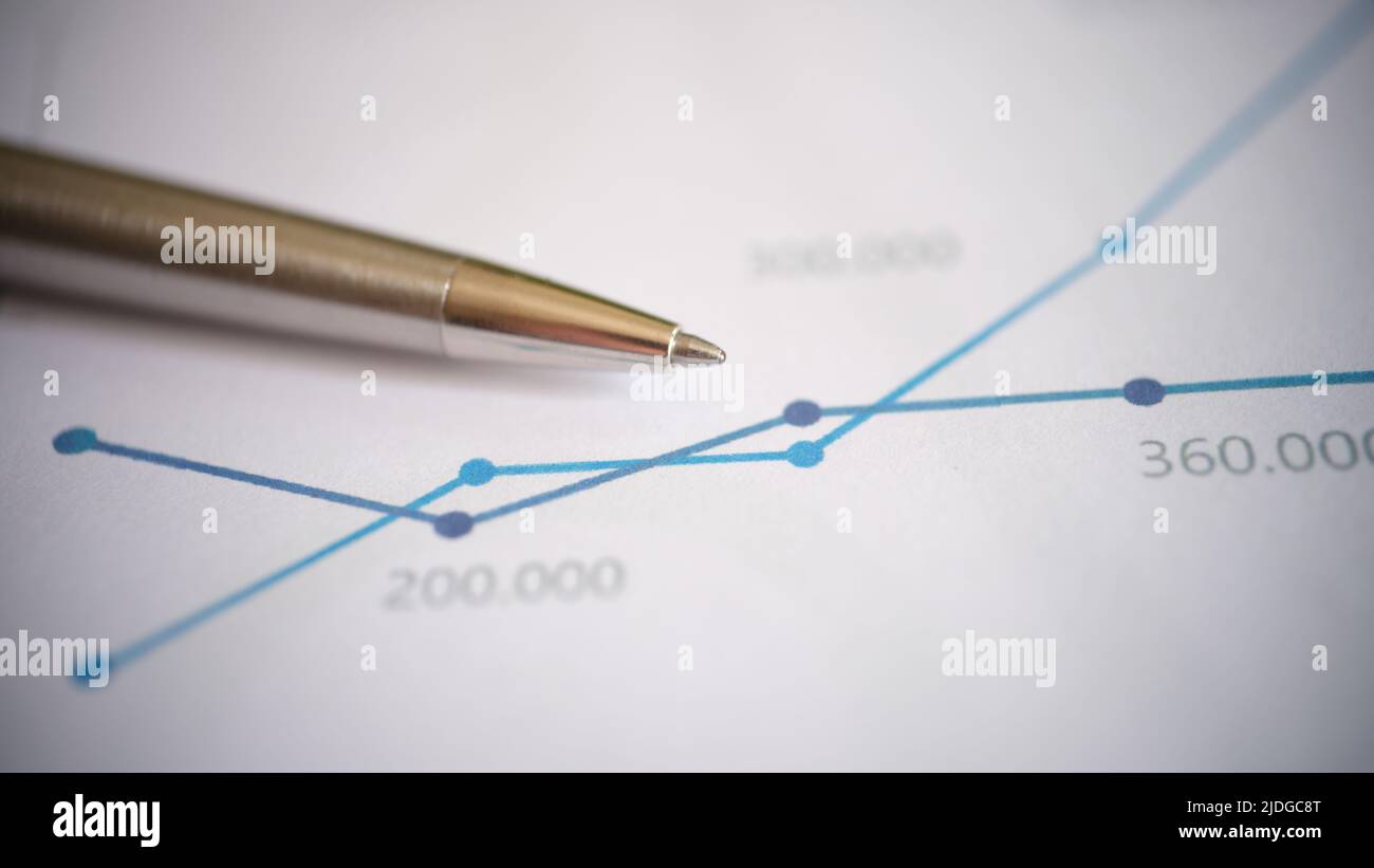 Pen on document with statistics data, graph and chart Stock Photo - Alamy