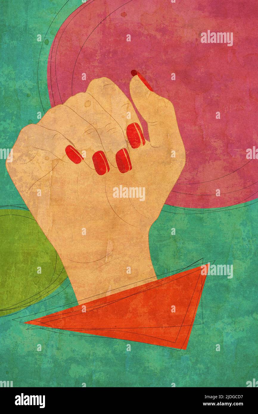 Human hand with caucasian skin and square nails covered with red polish ...