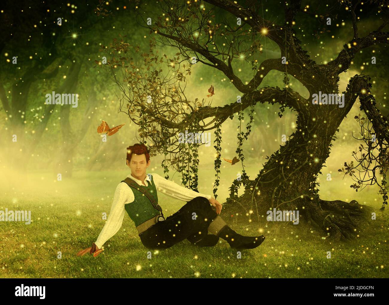 Enchanted forest and 3d fairy or elf man, fantasy illustration ...