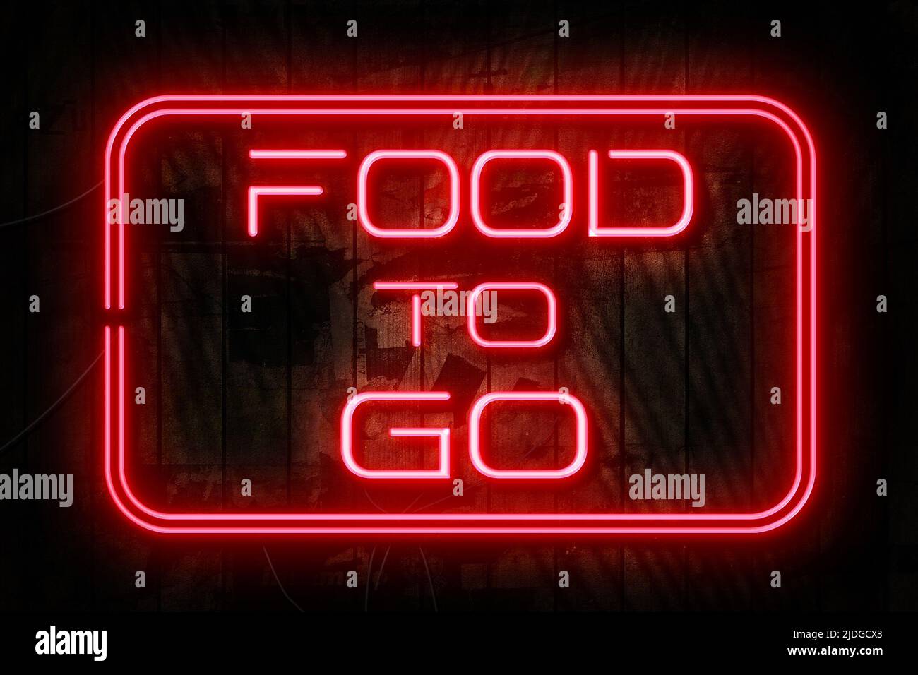 Food To Go Neon Sign on a Dark Wooden Wall 3D illustration Stock Photo ...