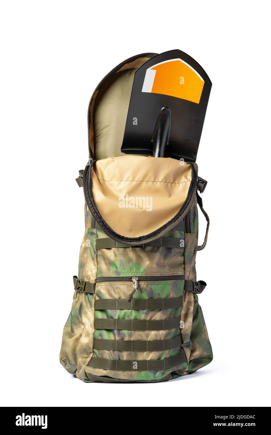 Open military backpack of khaki color on a white background Stock Photo ...