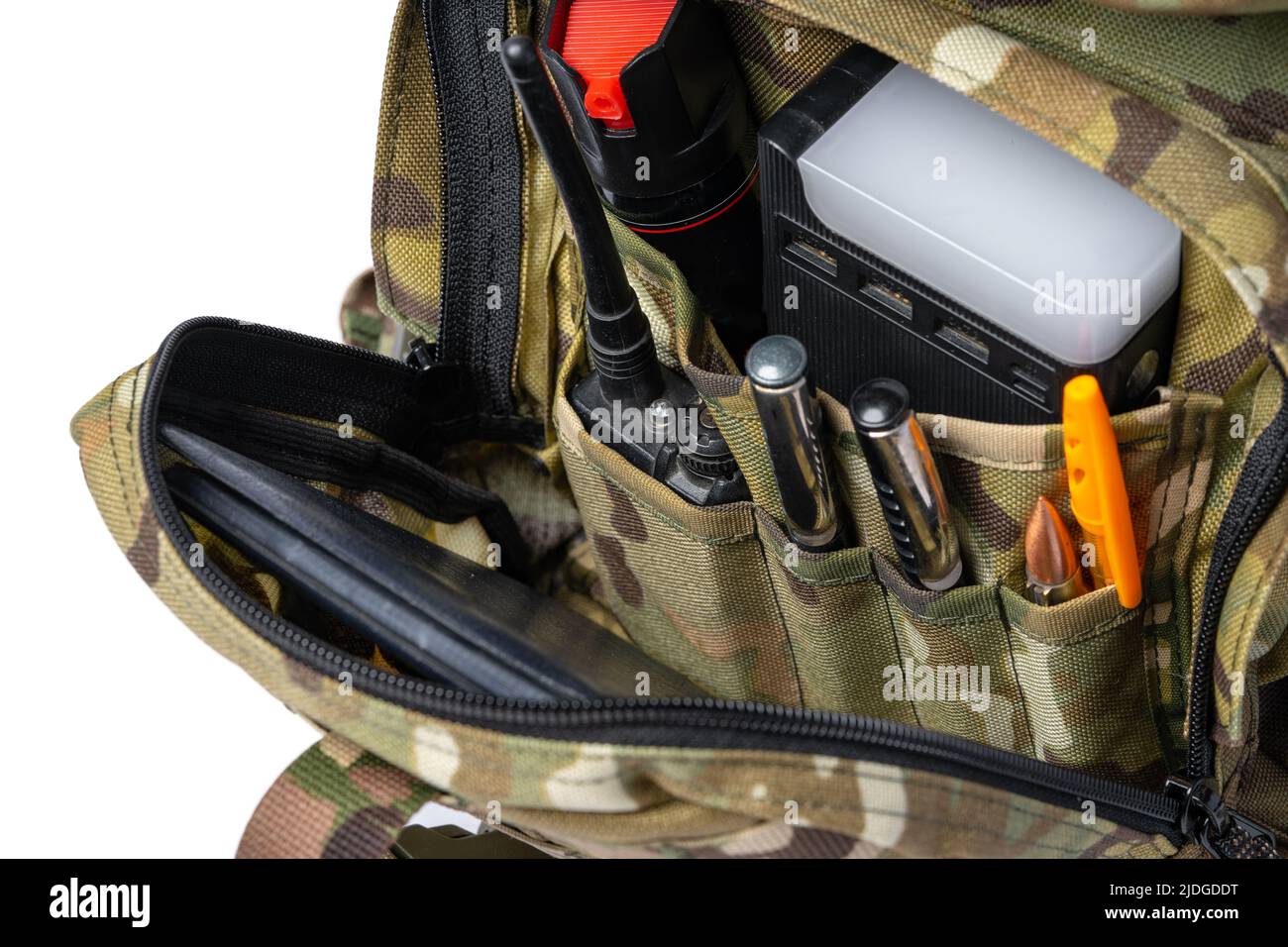 Open military backpack of khaki color on a white background Stock Photo ...