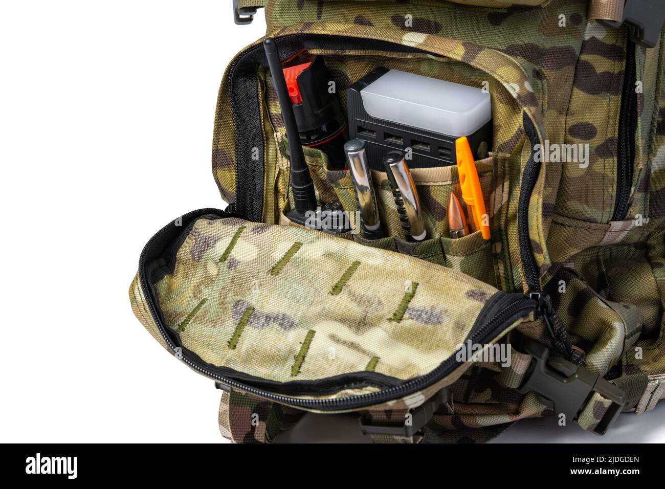 Open military backpack of khaki color on a white background Stock Photo ...