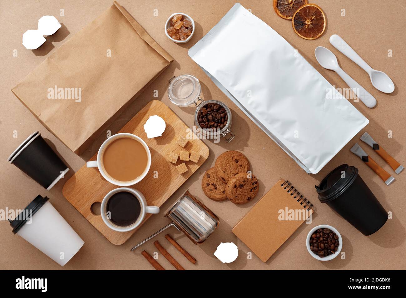 Coffee identity branding mockup set top view flat lay Stock Photo - Alamy