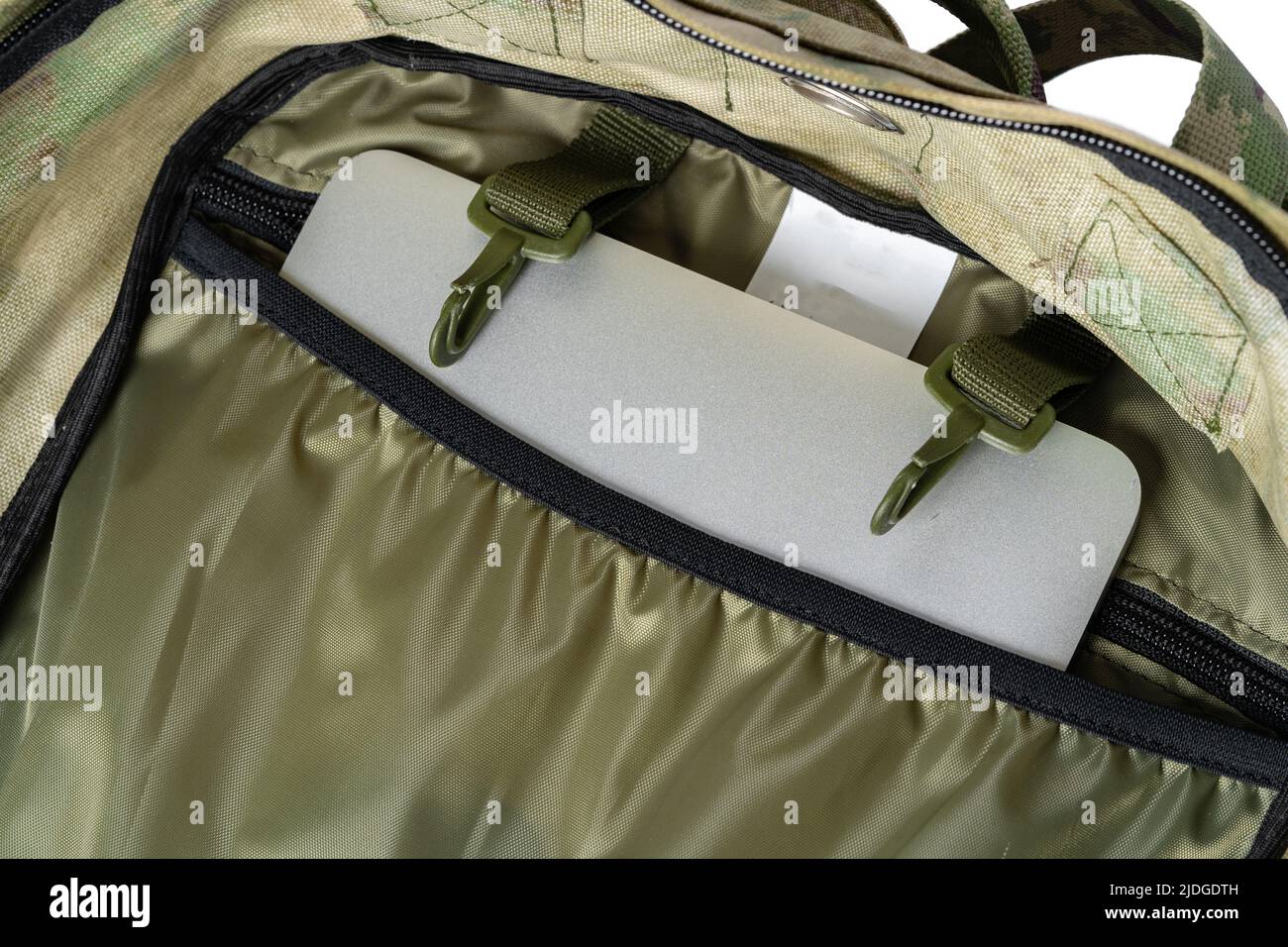 Open military backpack of khaki color on a white background Stock Photo ...