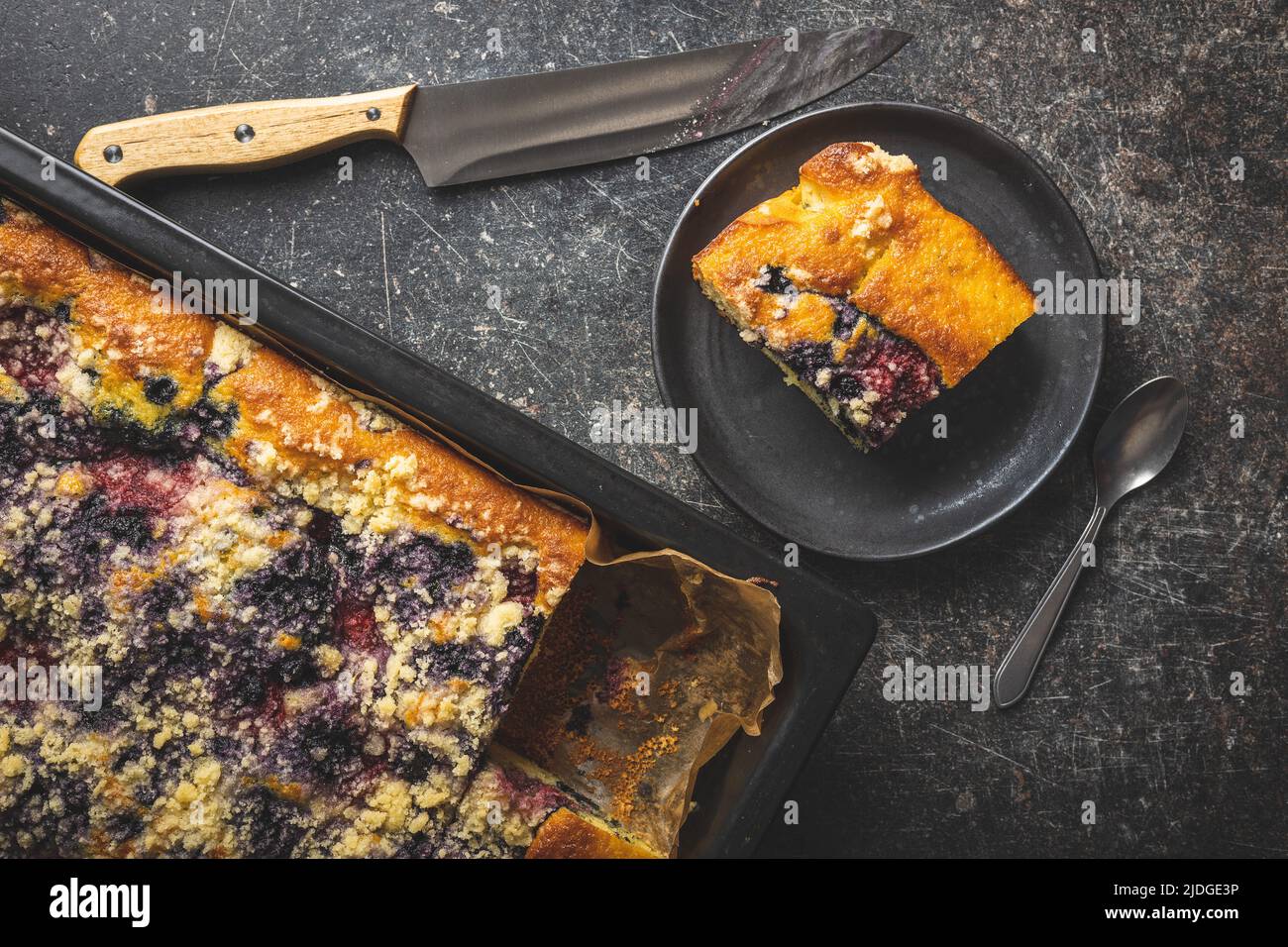 Homemade sponge cake with fruit. The sweet fruity pie. Top view Stock ...