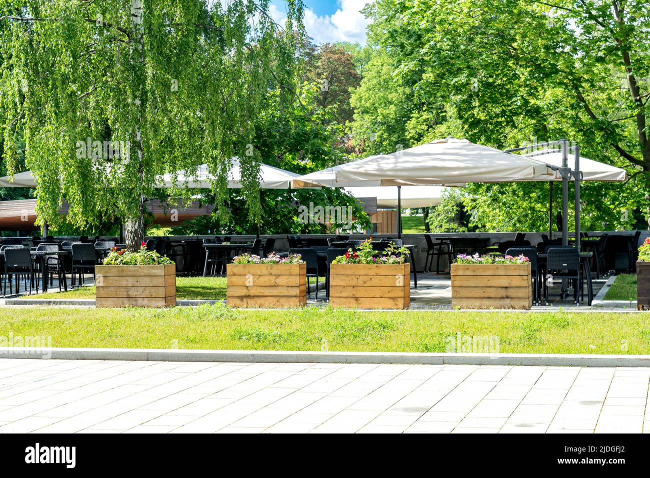 summer street cafe interior in green city park, ornate with flowers and ...