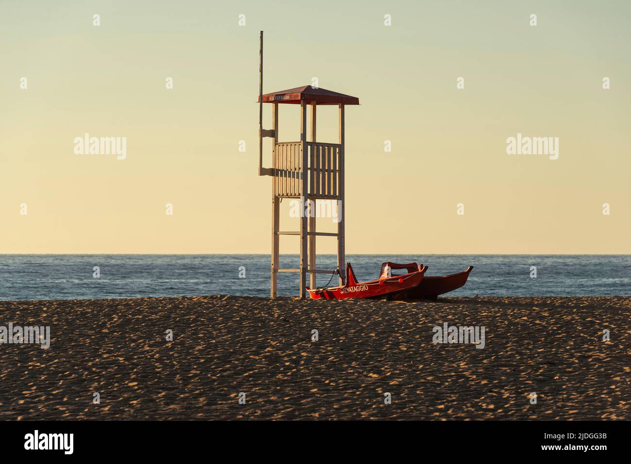 Salvataggio lifeguard watchtower and lifeboat on the sandy beach of ...