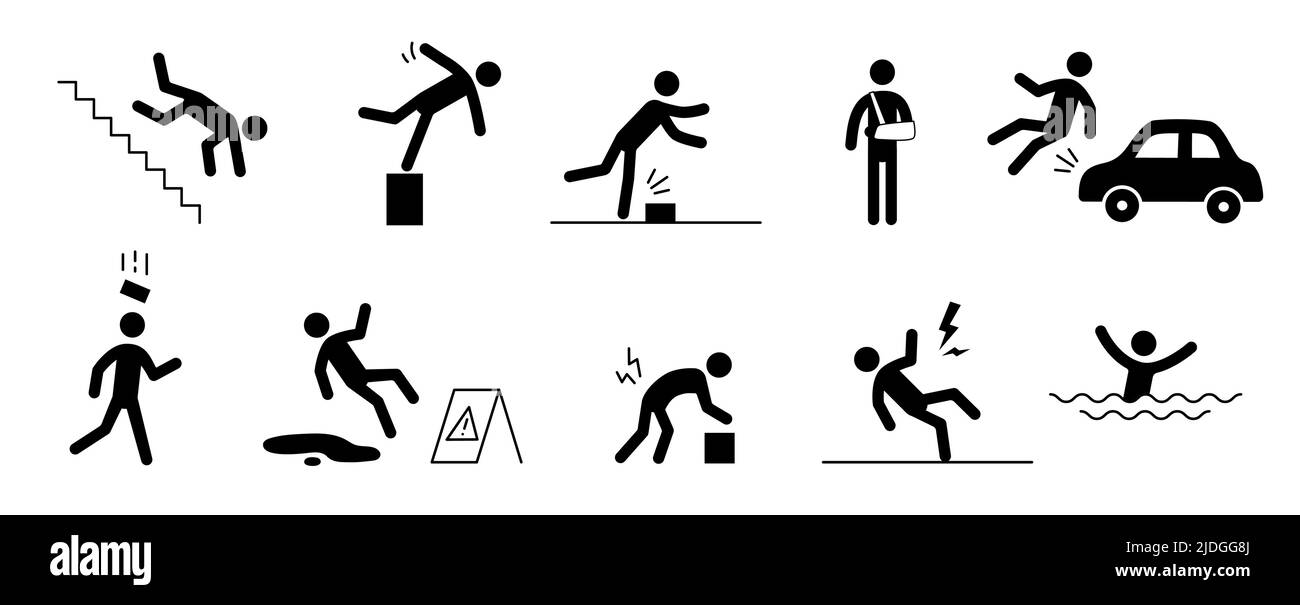 Accident pictogram man icon. Car accident, injury arm, stumble ...