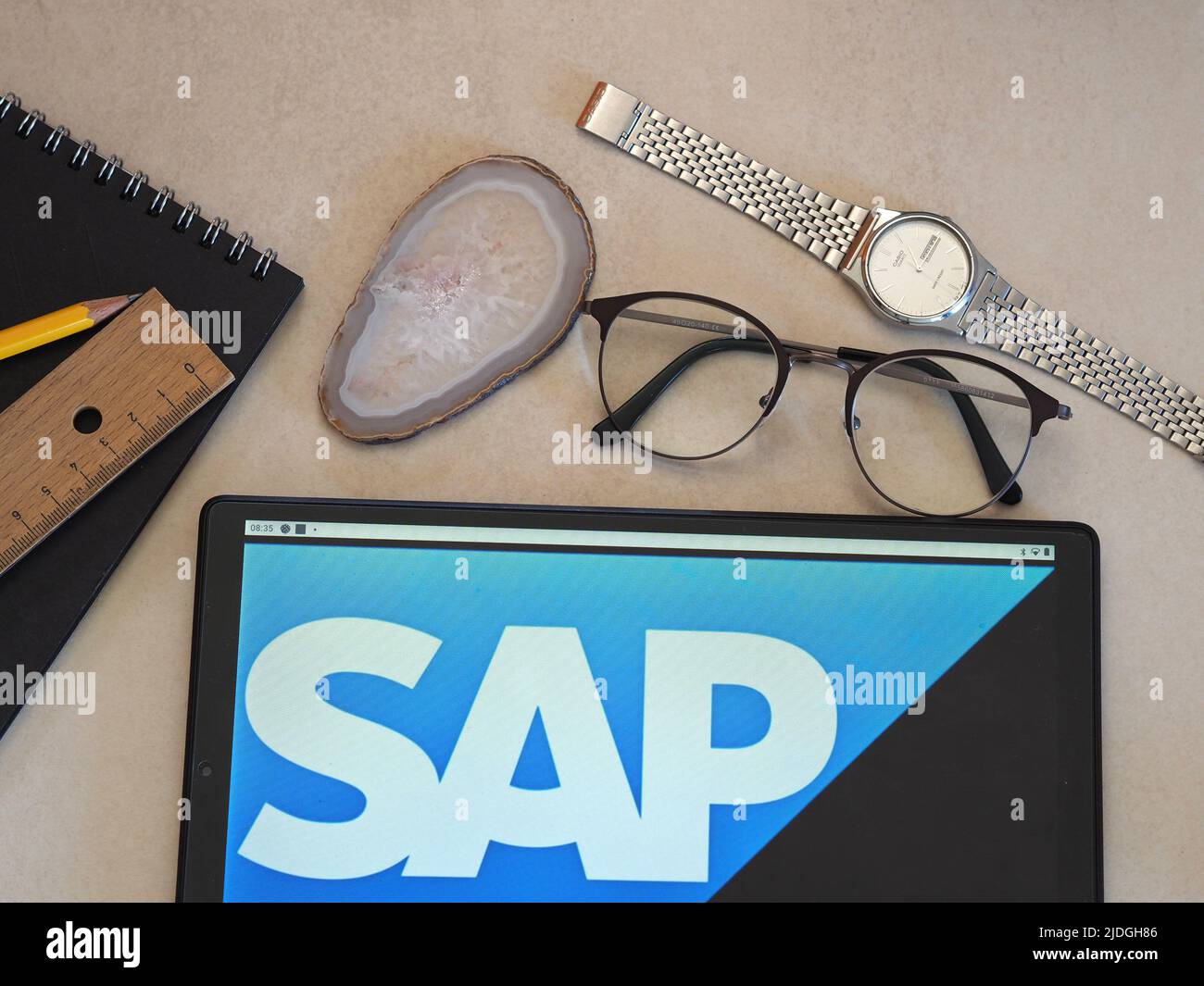 In this photo illustration SAP SE logo seen displayed on a tablet Stock ...