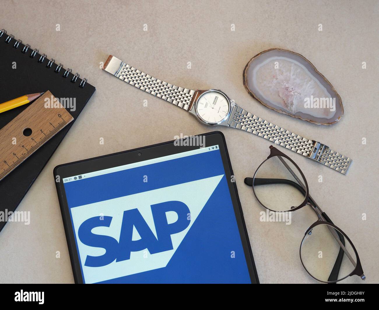 In this photo illustration SAP SE logo seen displayed on a tablet Stock ...
